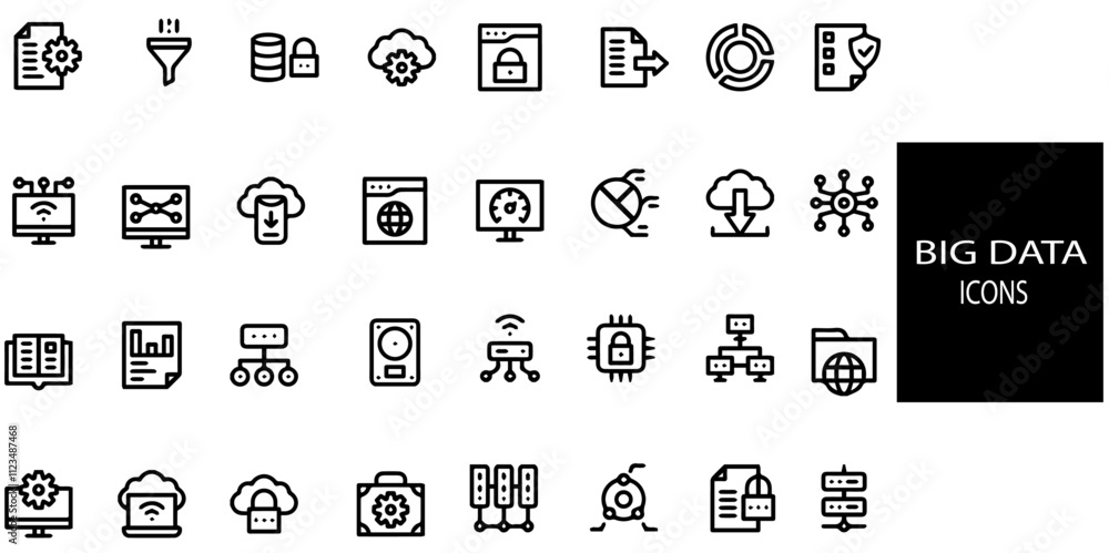 Big Data simple concept 32 icons set. Contains such data encryption ...