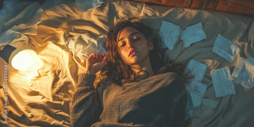 A young woman lying on her bed, surrounded by crumpled papers and ...