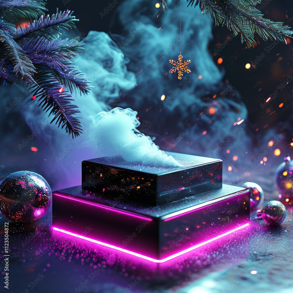 christmas decorated product display podium mock up, futuristic product ...