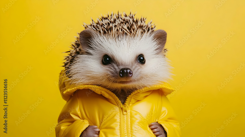 cute hedgehog wearing a bright yellow jacket against a vibrant bright ...