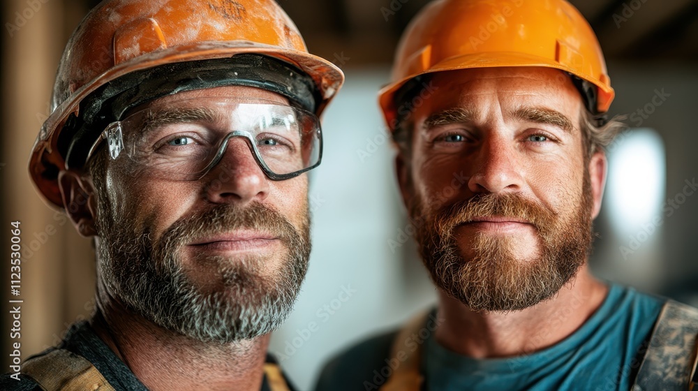 Two bearded construction workers wearing hard hats and protective ...