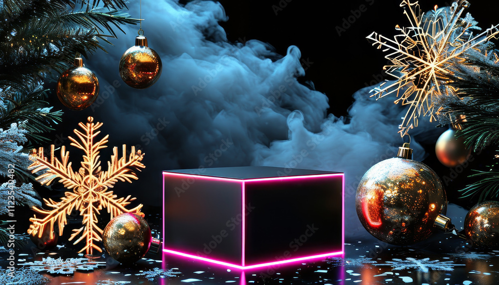christmas decorated product display podium mock up, futuristic product ...