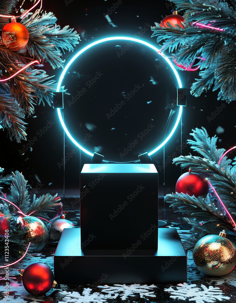 christmas decorated product display podium mock up, futuristic product ...