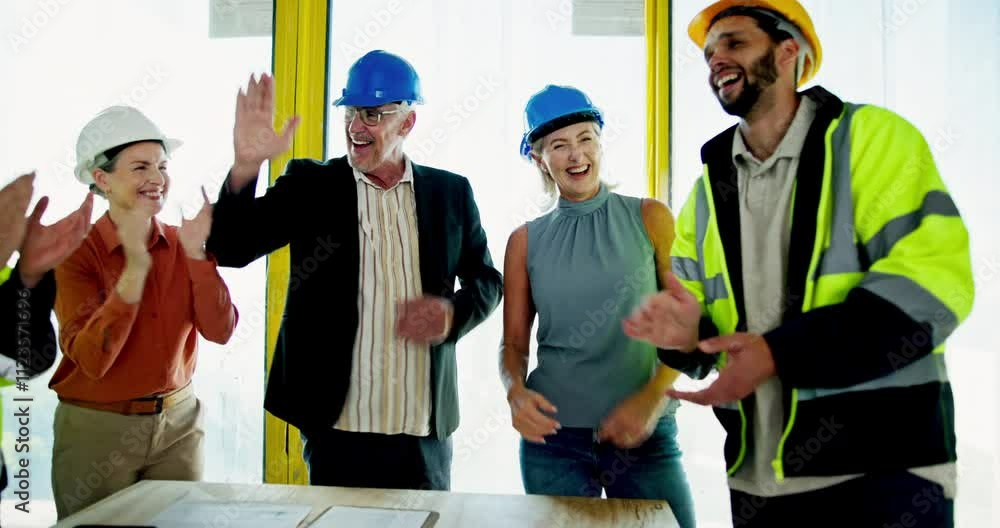 Architecture, team and celebration with high five, success and applause ...
