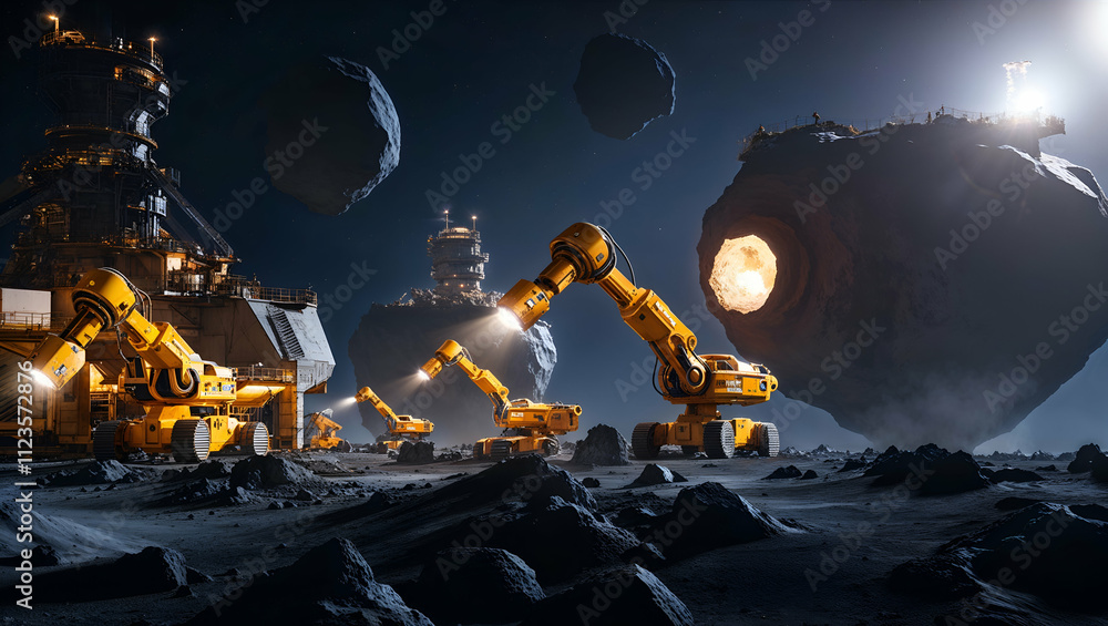 Robots Working On Asteroid Mining Project At Night In Outer Space With Bright Lights