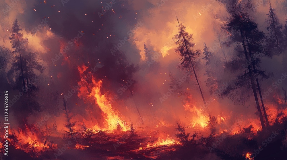 Devastating forest fire engulfs landscape nature scene dramatic ...