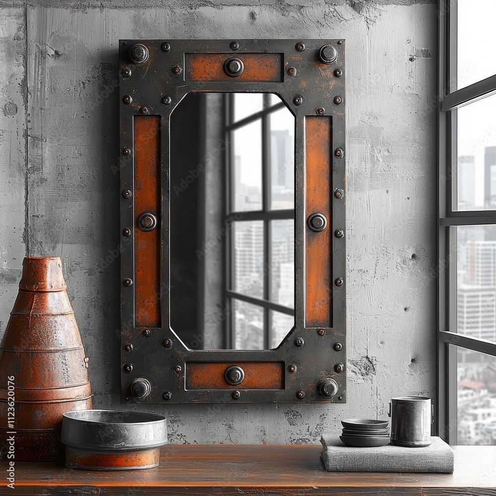 rustic industrial mirror showcases heavy metal frame exposed rivets and ...