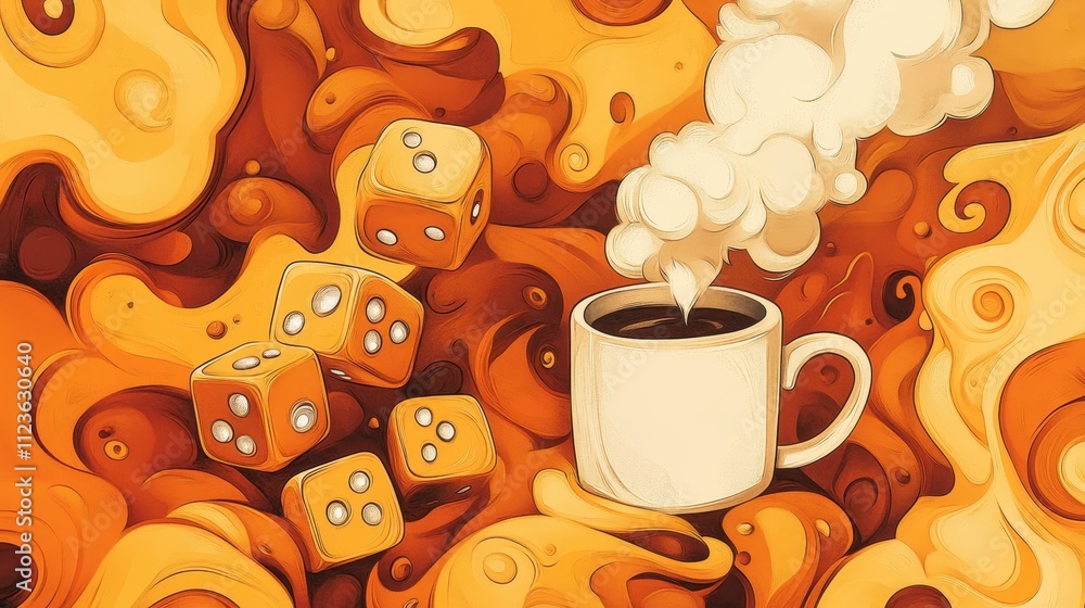ภาพประกอบสต็อก A whimsical illustration featuring a steaming coffee cup ...