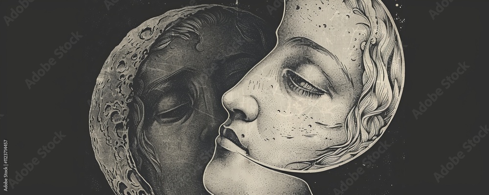 half face and half moon in vintage engraving style. Stock Illustration ...