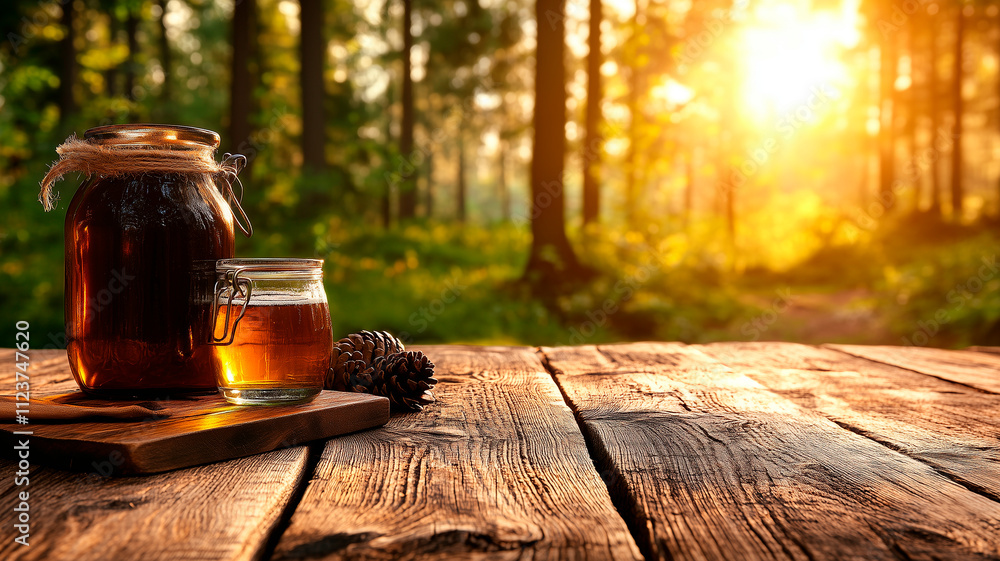 Wooden tabletop with forest glade background, honey. For product ...