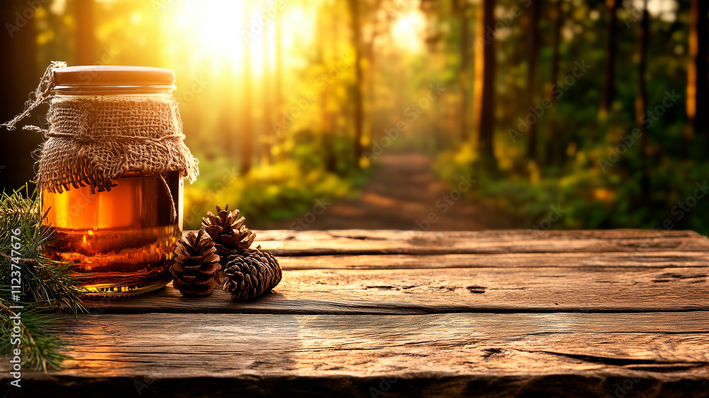 Wooden tabletop with forest glade background, honey. For product ...