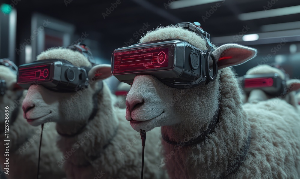 In a futuristic indoor scene, with a group of sheep wearing VR glasses ...