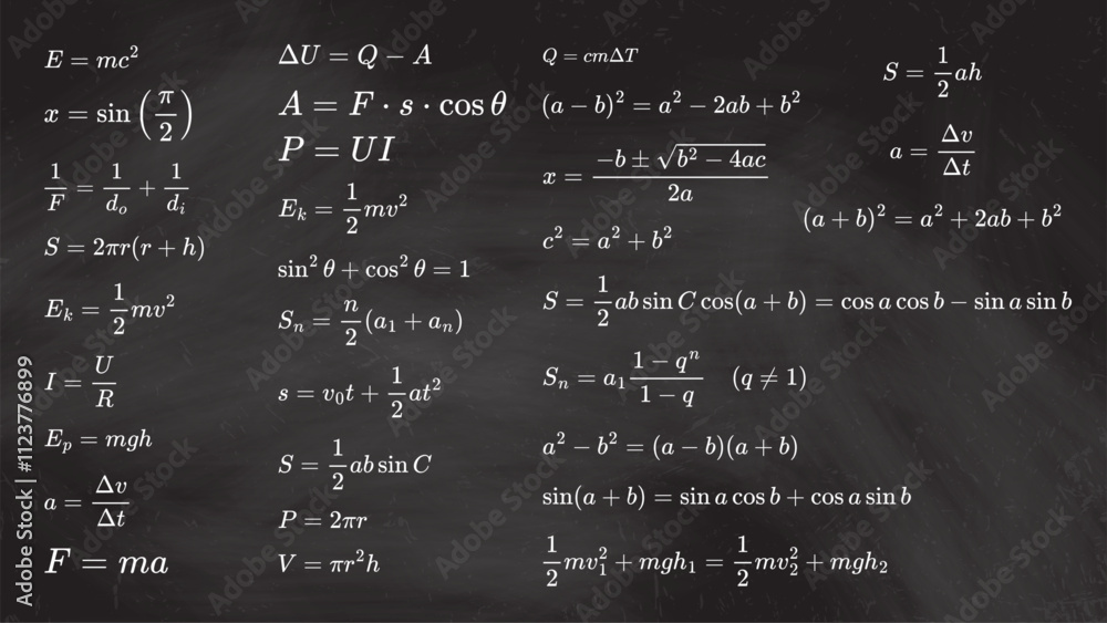 Set of essential math and physics formulas isolated on school ...
