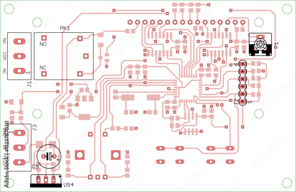 Vector printed circuit board of electronic device with components of ...