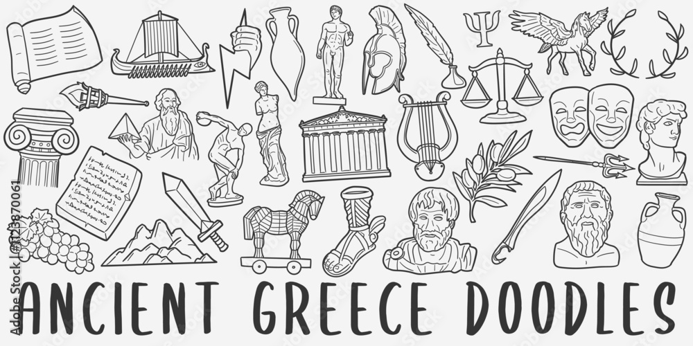 Ancient Greece Doodle Icons Black and White Line Art. Classical History ...