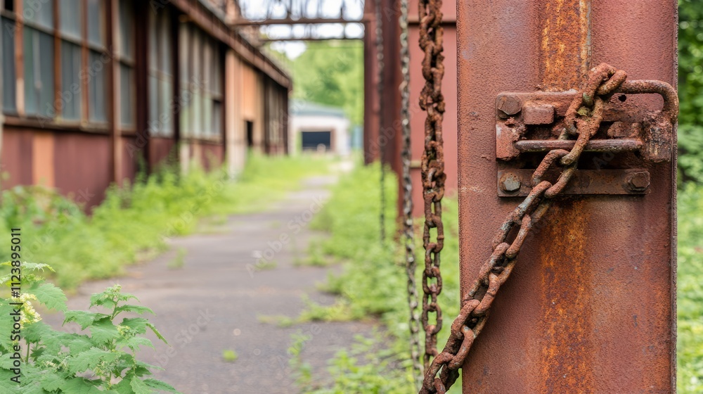 Closed factory gate with chain and padlock, symbolizing the end of an ...