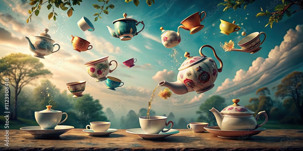 Scene from Alice in Wonderland with flying teapots and cups, pouring ...