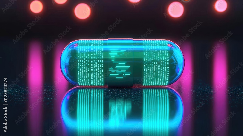 Futuristic digital capsule with neon lights and binary code reflecting ...