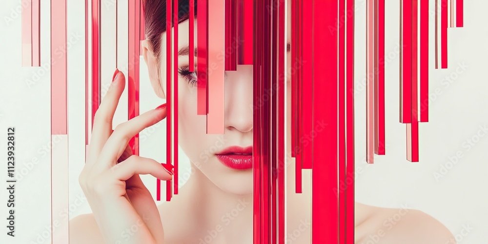 Glitched and corrupted female face. Beautiful girl. Neon red and pink ...