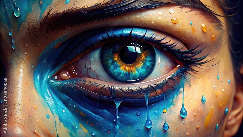 Macro Blue Eye Tears Painting - Closeup Sadness Art Photography Stock ...