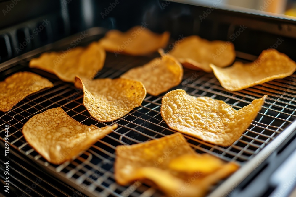 Crispy Golden Snack Chips Drying on Wire Rack Inside Oven, Freshly Made ...