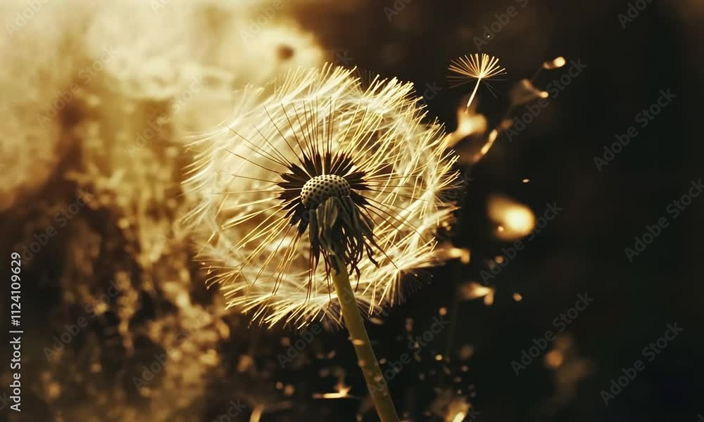 A close-up of a dandelion puff releasing seeds into the air ...