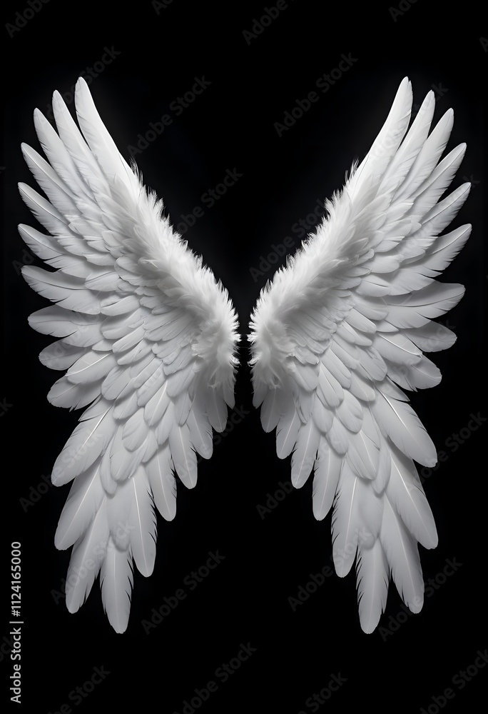 The image is a pair of white angel wings on a black background. The ...