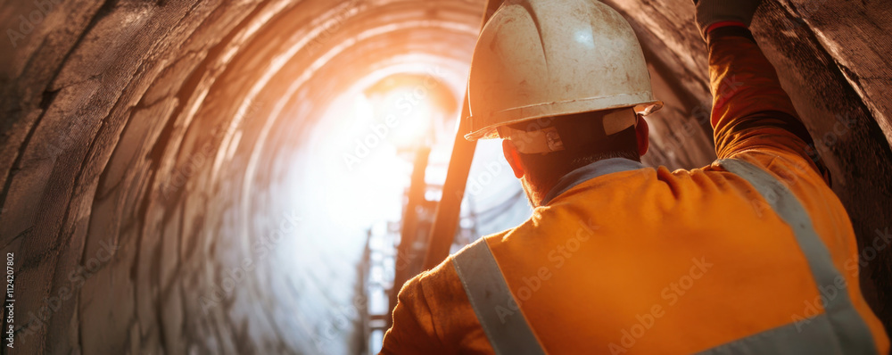 Working bricklayer in underground tunnel, wearing helmet and safety ...