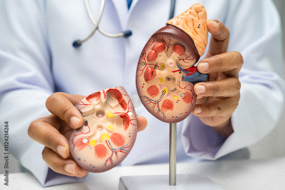 Chronic kidney disease, doctor with model for treatment urinary system ...