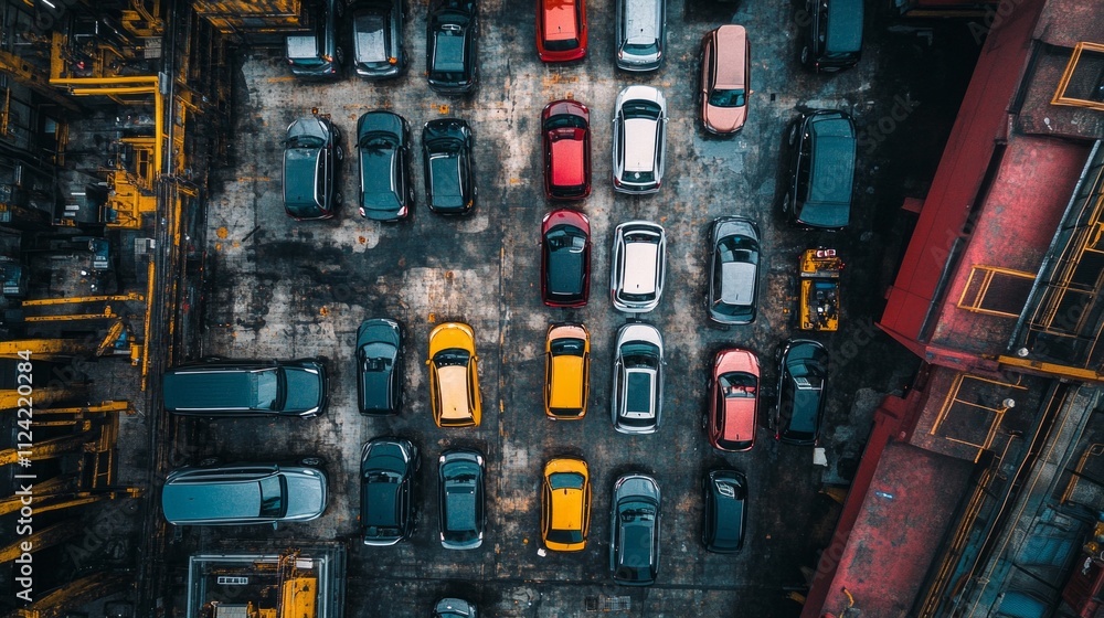 An aerial view of a bustling vehicle storage area. The cars are packed ...
