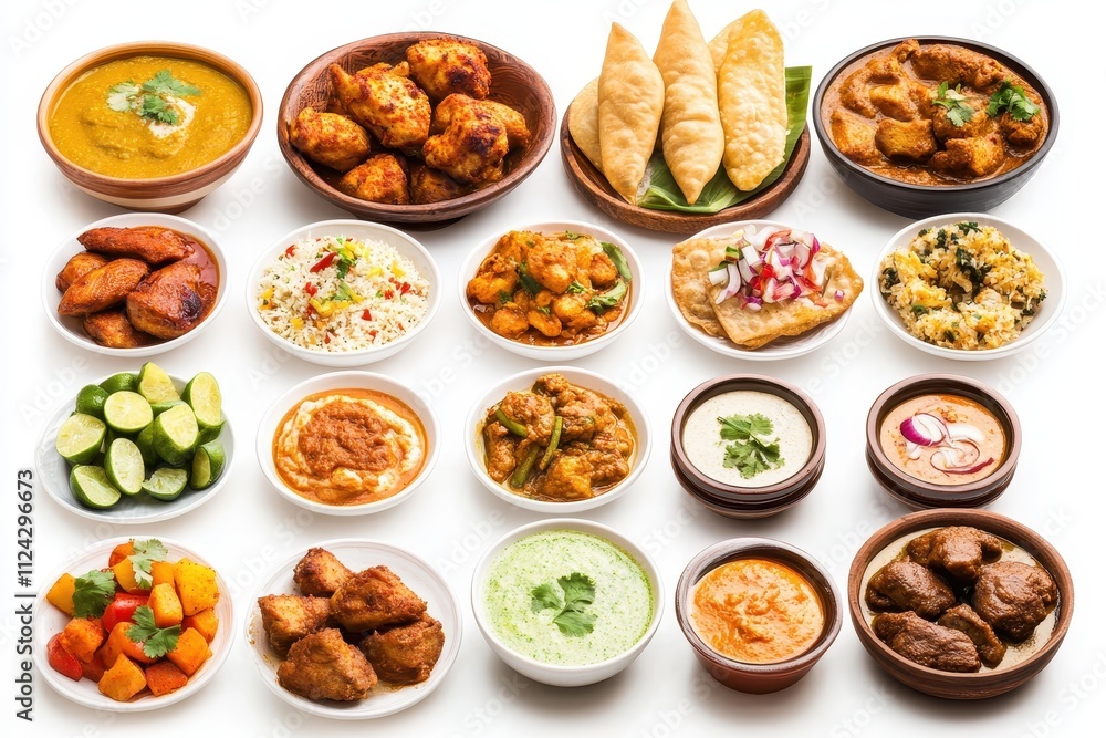 Variety of Indian dishes chicken curry samosas beef curry chicken tikka ...