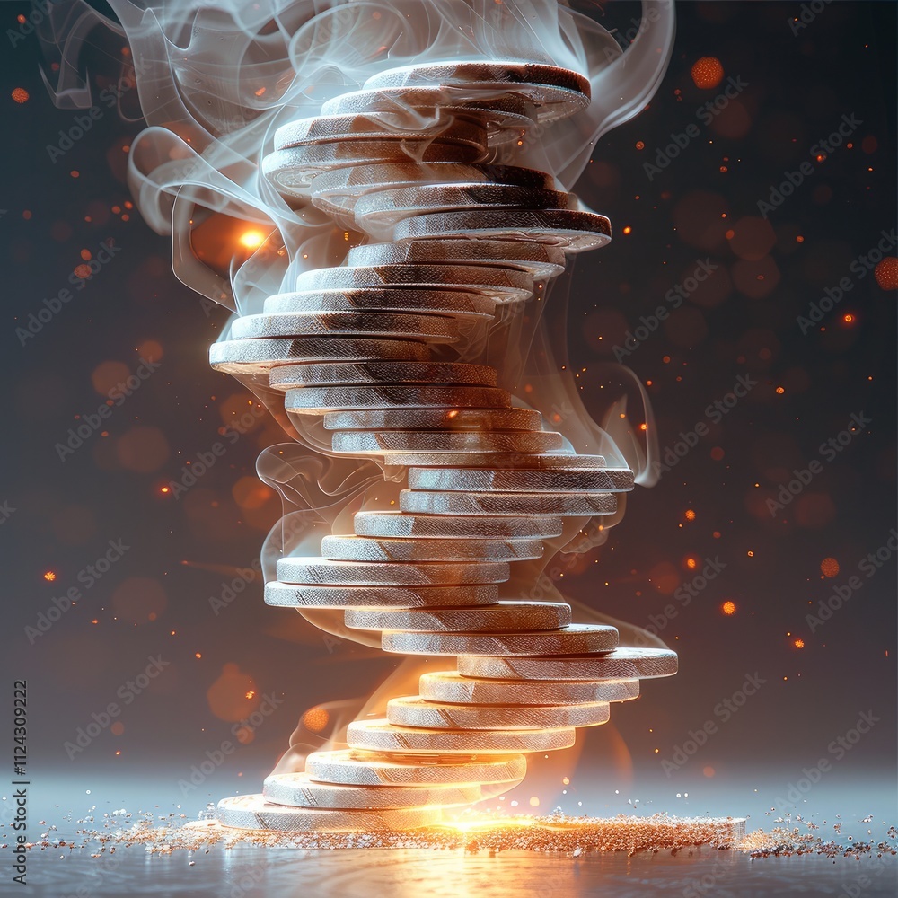 A stack of coins tipping precariously, with tiny cracks forming at the ...