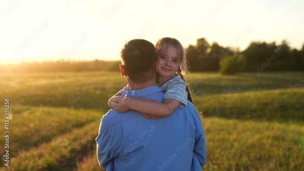 Father Daughter Sunset Field Embracing Nature Beauty, father child kid ...