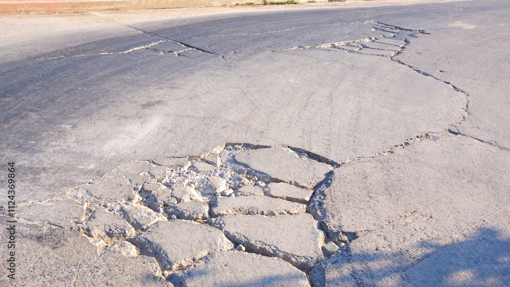 Poster The old badly damaged curve concrete street with broken crack ...