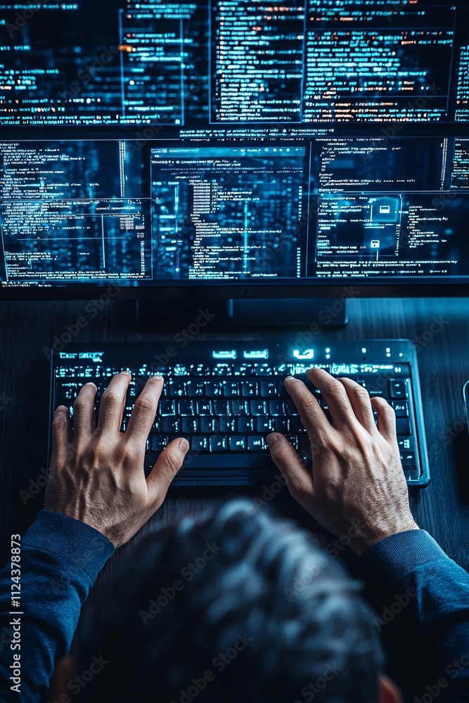 A hacker typing on a keyboard with multiple screens showing security breaches being prevented ...
