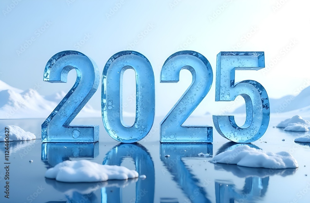Large numbers 2025 cut out of transparent blue ice on a smooth shiny ...