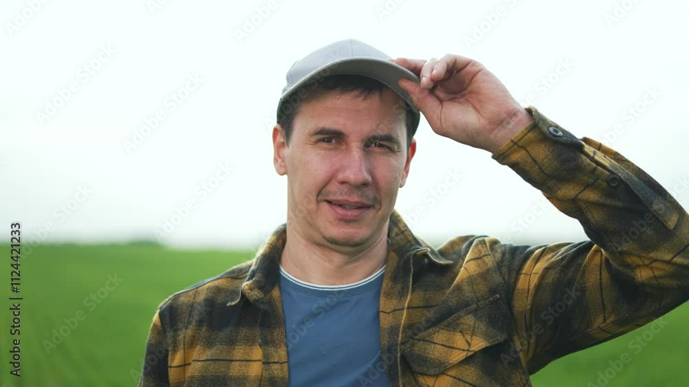 Agronomist wipes sweat under cap. Hardworking farmer in field. Cap ...