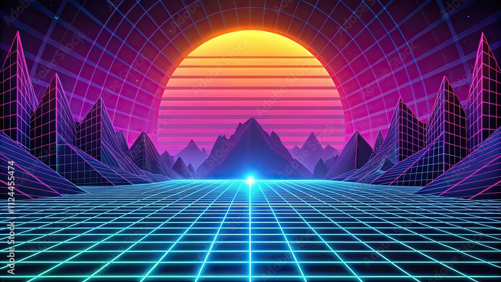 Retro arcade synthwave landscape background with neon lights and ...