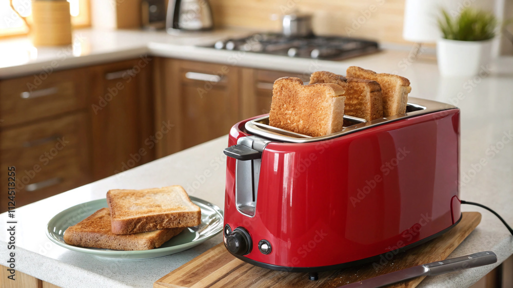 Toasts Bread Popping Out of Red Toaster Stock Photo | Adobe Stock