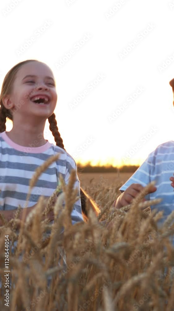 Funny kids hold hands, laughing walking across wheat meadow in sunset ...