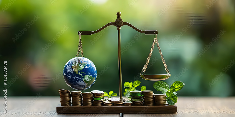 A set of scales balancing the Earth on one side and coins or financial ...