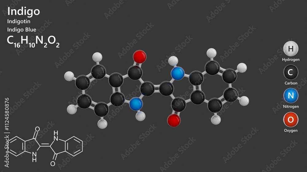 Molecule: Indigo. Natural dye. Molecular structure. Formula: C16H10N2O2 ...