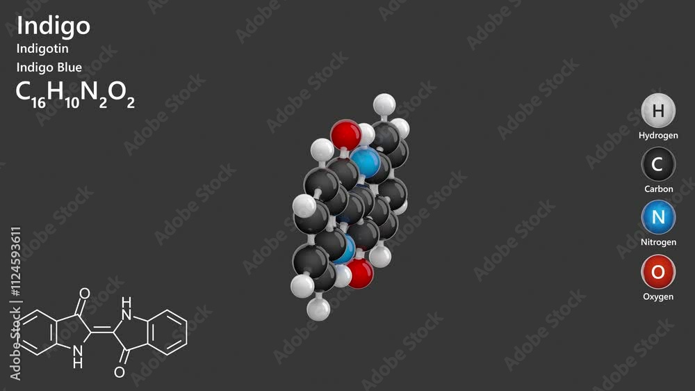 Indigo. Natural dye. Animated 3D model of a molecule. Molecular formula ...