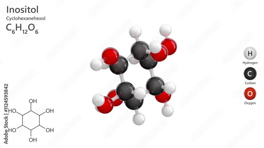 Inositol or myo-inositol. Isomer of glucose. Animated 3D model of a ...