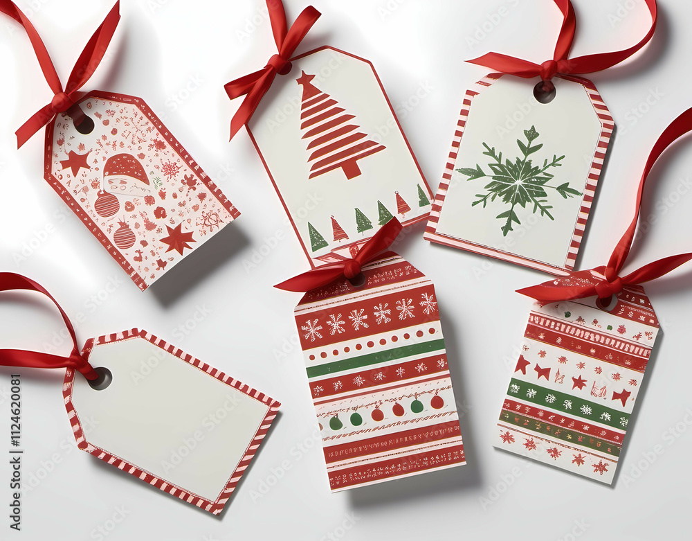 Christmas-themed gift tags with festive patterns on white background ...