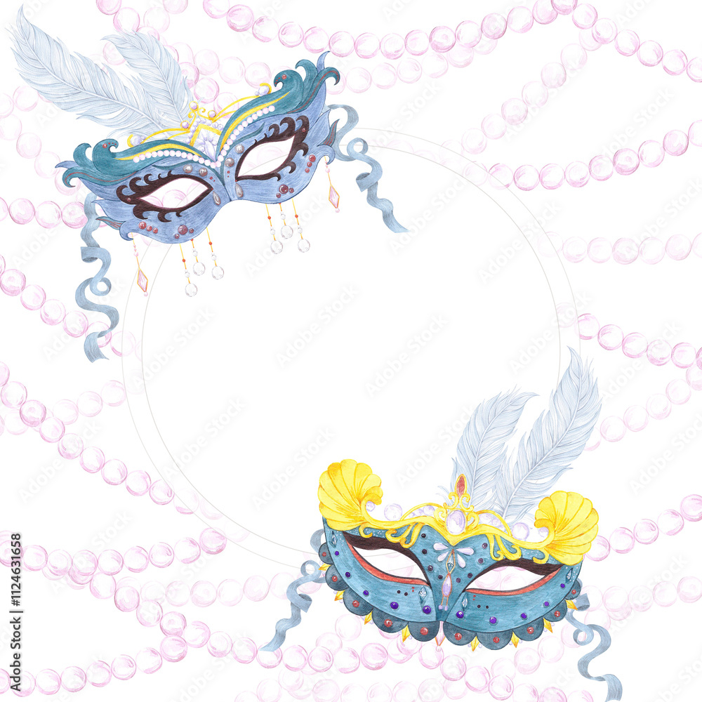 Carnival mask with garland. Hand drawn watercolor masquerade frame ...