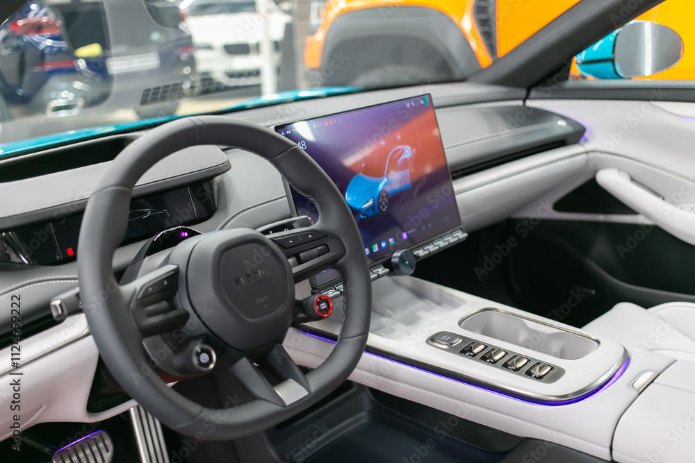 Xiaomi SU7 car from the China brand. Luxury car interior, steering ...