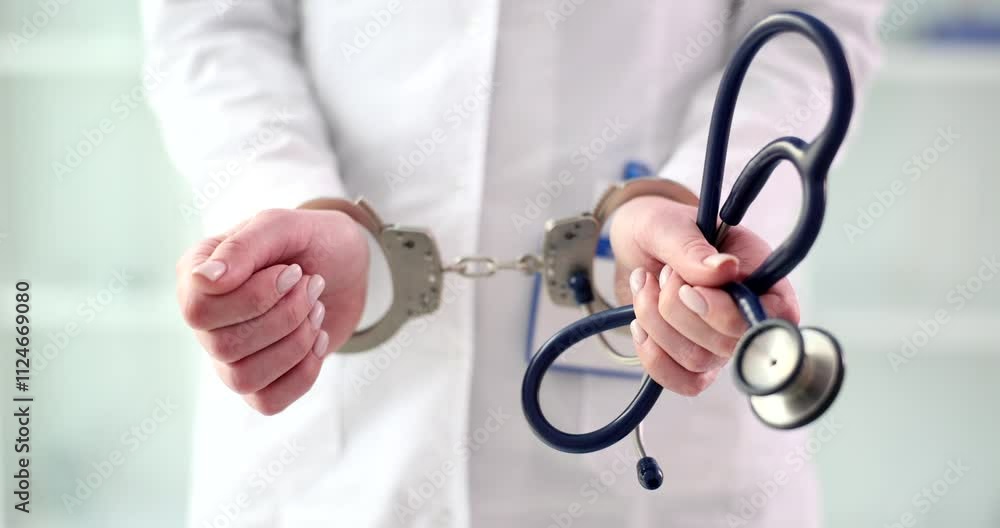 A medical professional in handcuffs, symbolizing the complex link ...