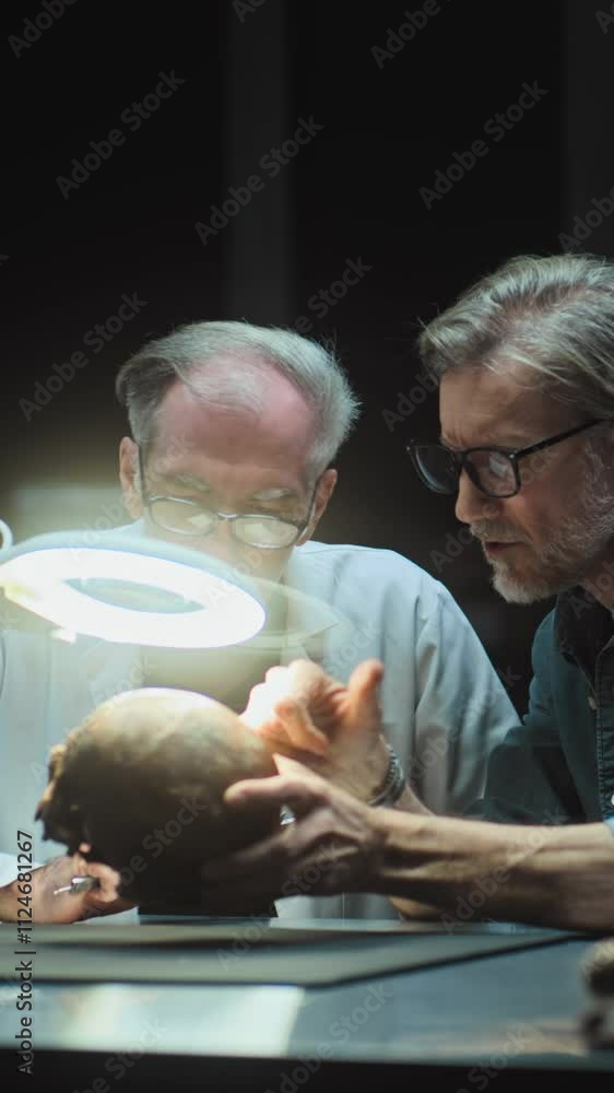 Two archaeologists examine fossil skull, conduct scientific research in ...