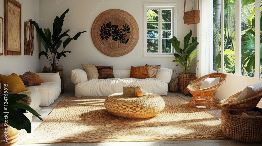 Bright bohemian living room with wicker furniture and natural decor ...